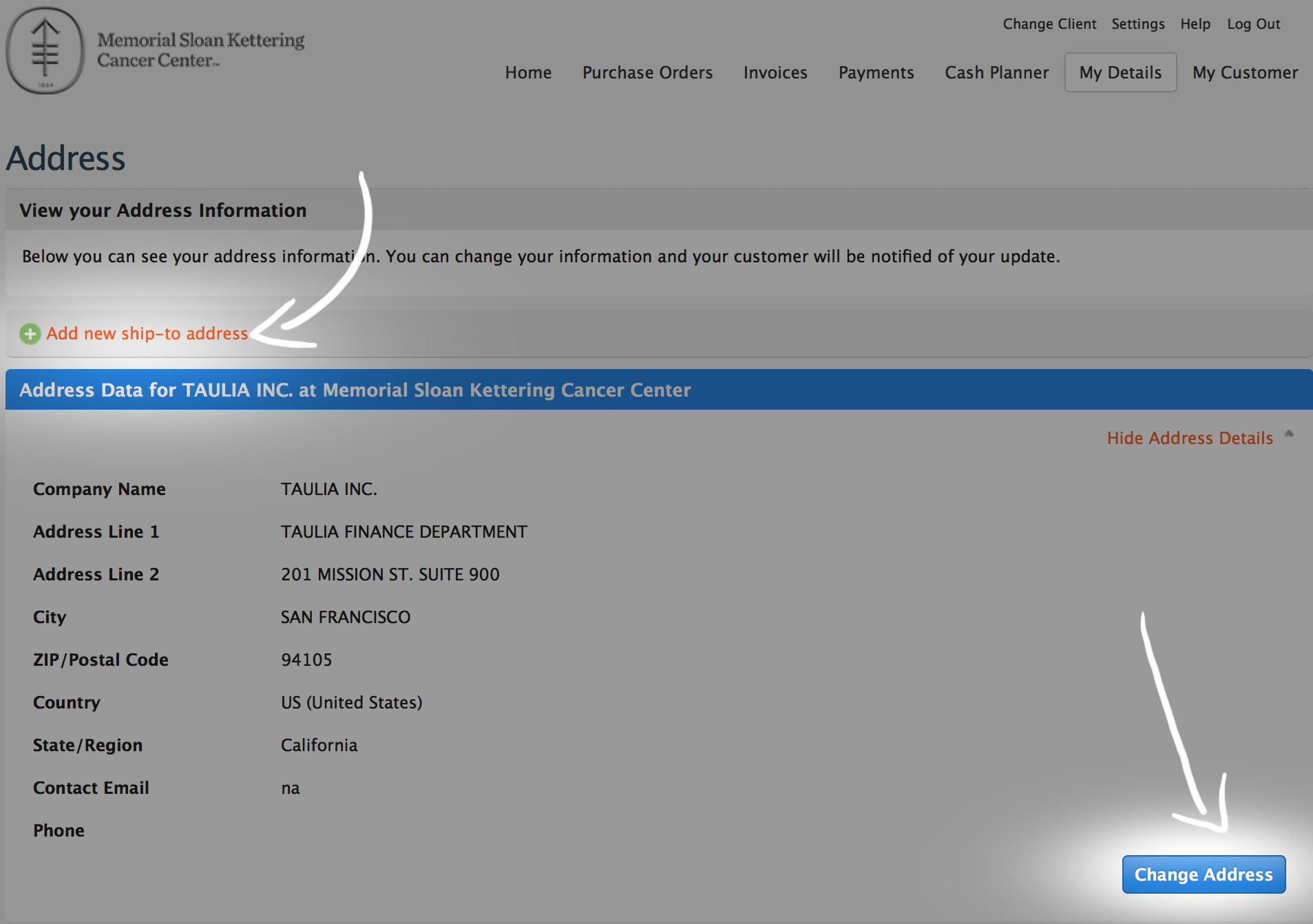 MSKCC - How do I update my company/remit/shipment address?: 000006560
