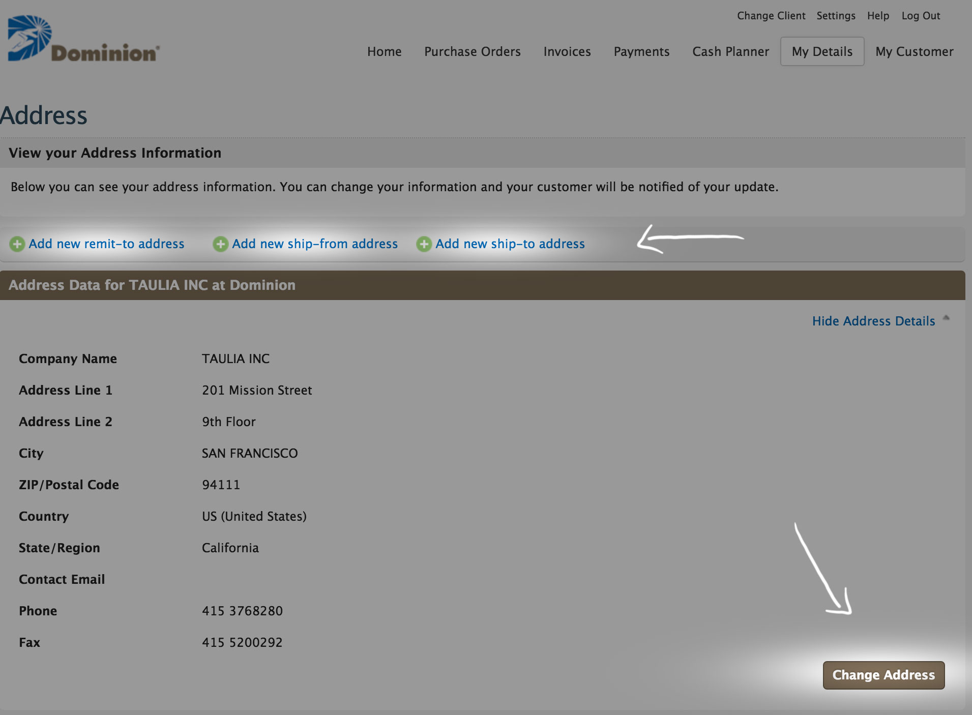 Dominion - How do I update my company/remit/shipment address?: 000006522