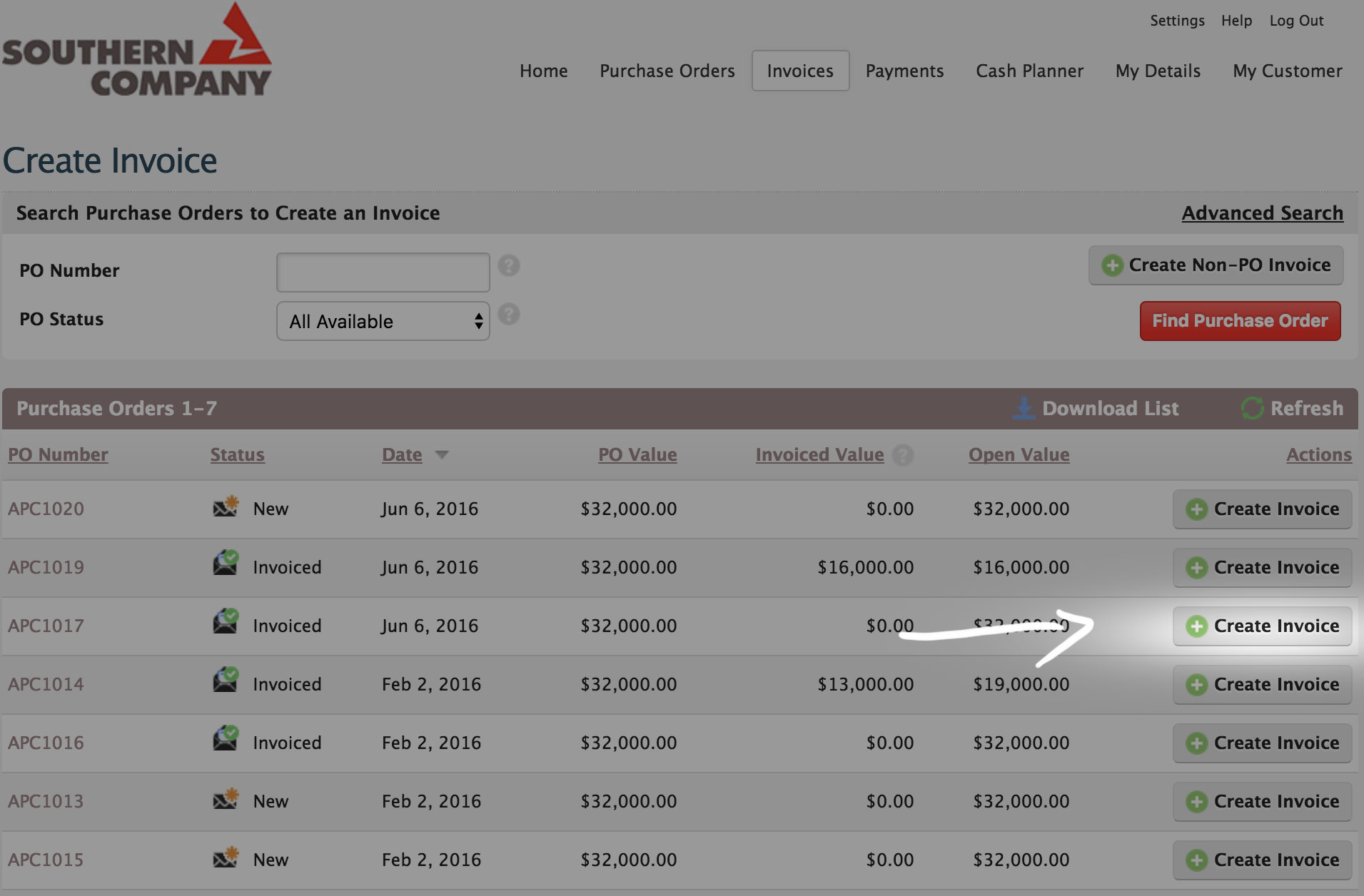 Southern Company - How do I create PO based invoice: 000006485