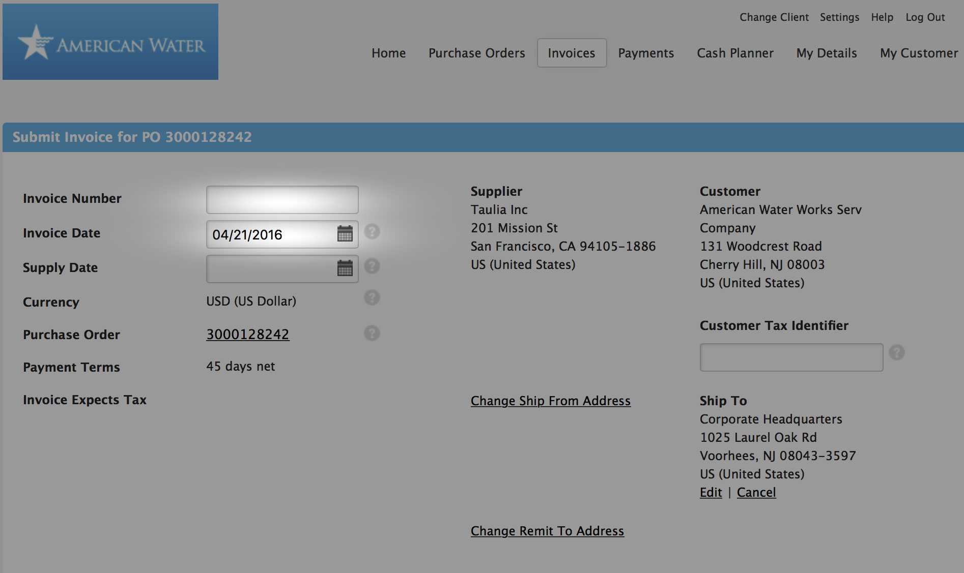 American Water - How do I create PO based invoice (eFlip)?: 000006460