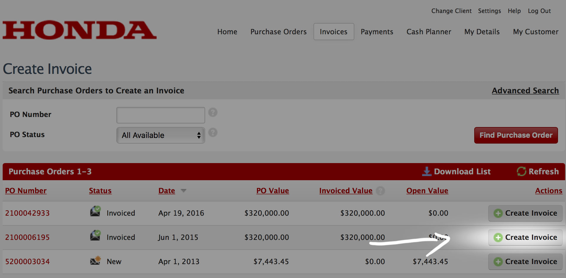 Honda - How do I create PO based invoice (eFlip)?: 000006534
