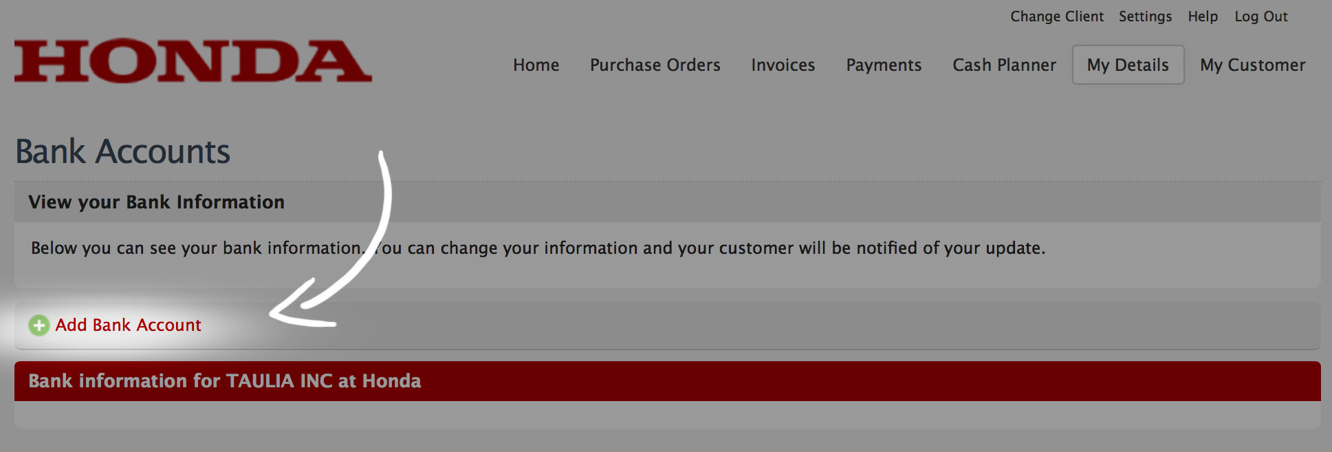Honda - How do I add or update my bank account/information?: 000006535