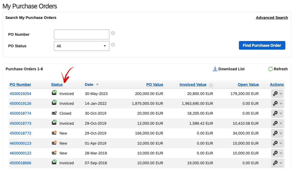 Q. What are the different PO statuses?: 000003622
